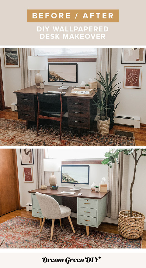DIY Wallpapered Desk Makeover - Dream Green DIY